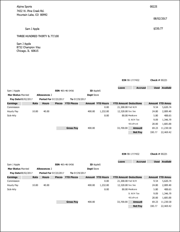 Check Type and Stub Type Examples for Payroll Check/Stub/Stub (Alternate)