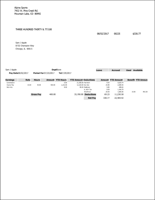 Check Type and Stub Type Examples for Payroll Check/Detail